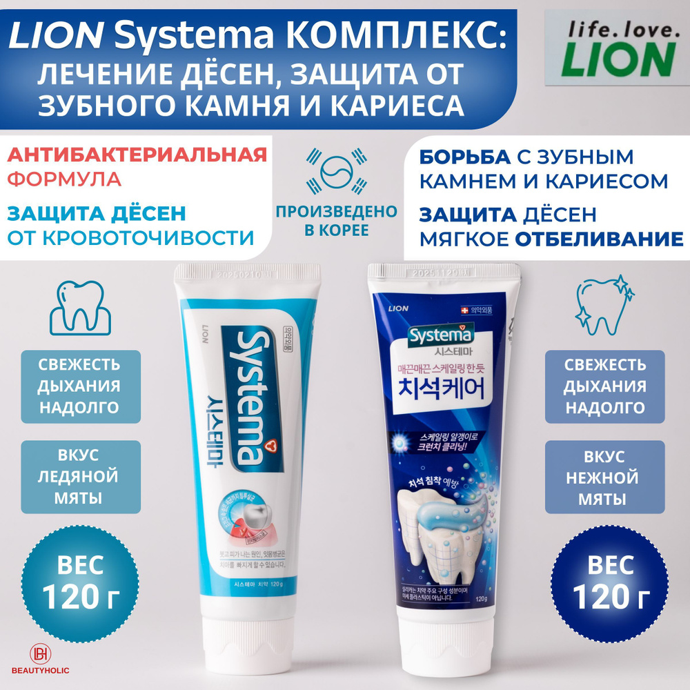 LION Корейская антибактериальная зубная паста Набор SYSTEMA Ice Mint Alpha и SYSTEMA TARTAR ...