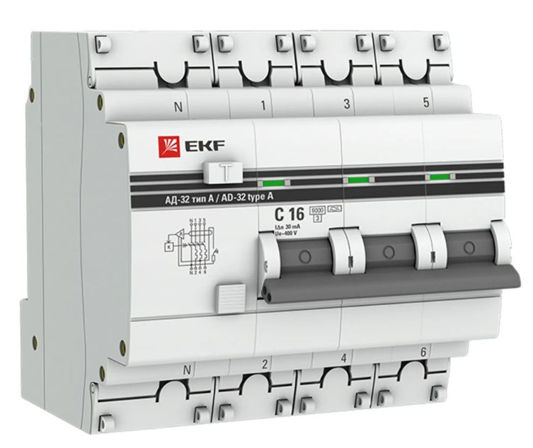 Дифференциальный автомат EKF PROxima АВДТ-63 3P N C16 A 30 мА 6 кА A DA63-16-30e купить по ...