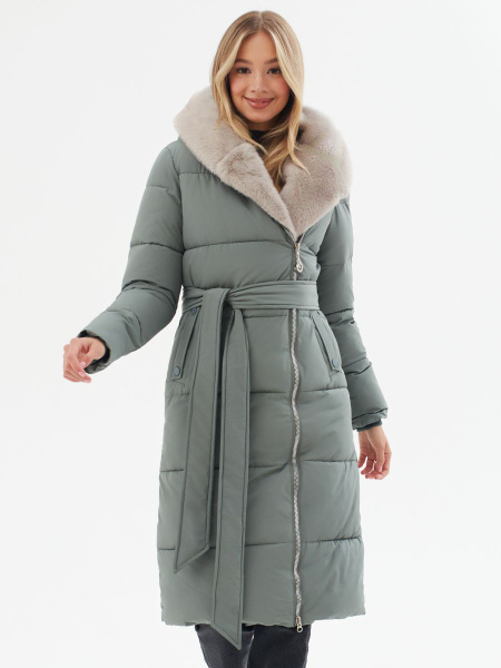 Пальто Женский MAXADORRE Капюшон, Карманы зеленый Полиэстер Длинный Синтепух, размер 48 Зима ...