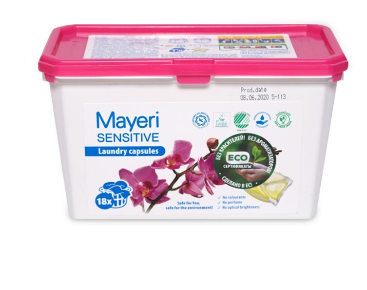 Средство для стирки Sensitive в капсулах, Mayeri, 18 шт., Эстония Гипоаллергенно Эко маркировка ...