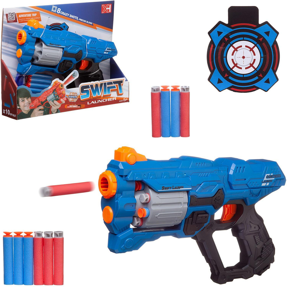 Игровой набор Junfa бластер космический с барабаном, 10 мягких пуль, мишень синий - купить с ...
