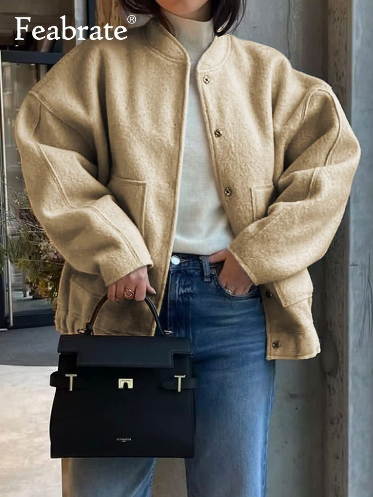 Бомбер Женский Feabrate Карманы, Воротник хаки Полиэстер, размер 48 Длинный На любой сезон ...