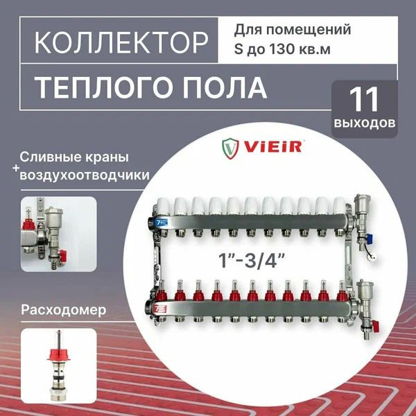 Коллектор для теплого пола 11 контуров в сборе распеределительный с расходометрами 1"x3/4" VIEIR ...