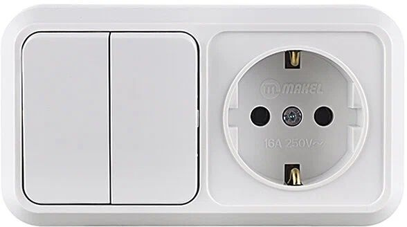 Блок выключателя с розеткой Makel Siva Ustu 451A2 двухклавишный открытая установка белый с ...