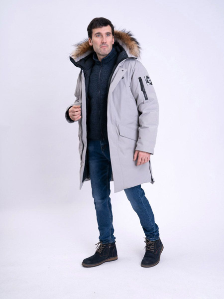 Пуховик Мужской RedFox Капюшон, Карманы серый, размер 44, 46 Длинный ...