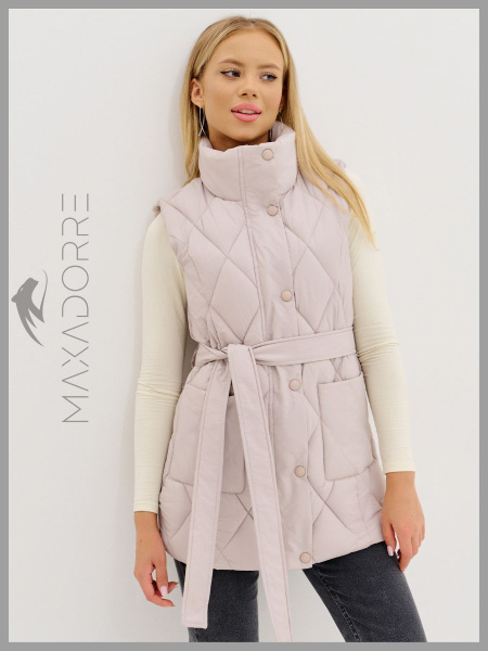Жилет утепленный Женский MAXADORRE Карманы, Пояс/ремень бежевый, размер 46 Полиэстер Синтепон ...