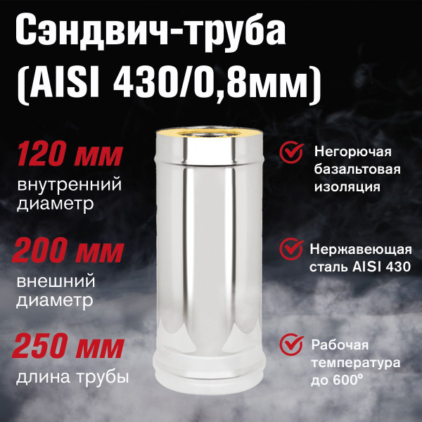 Сэндвич труба для дымохода Нерж Нерж Aisi 430 0 8мм диаметр 120х200