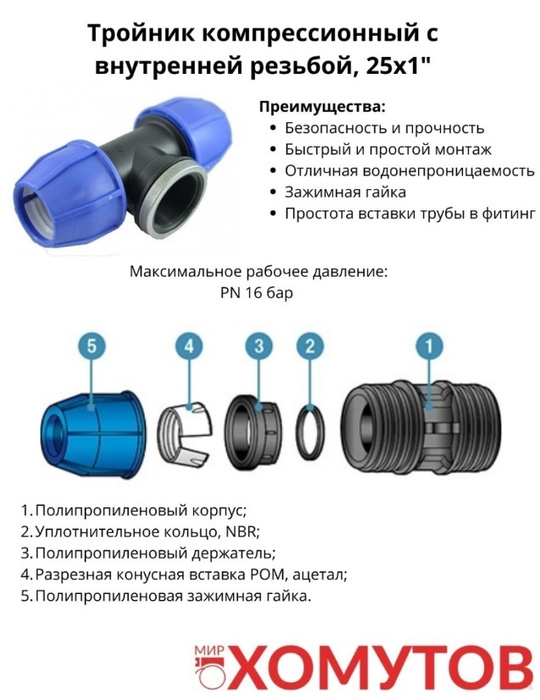 Тройник компрессионный с внутренней резьбой NORMA 25х1, 1 шт ...
