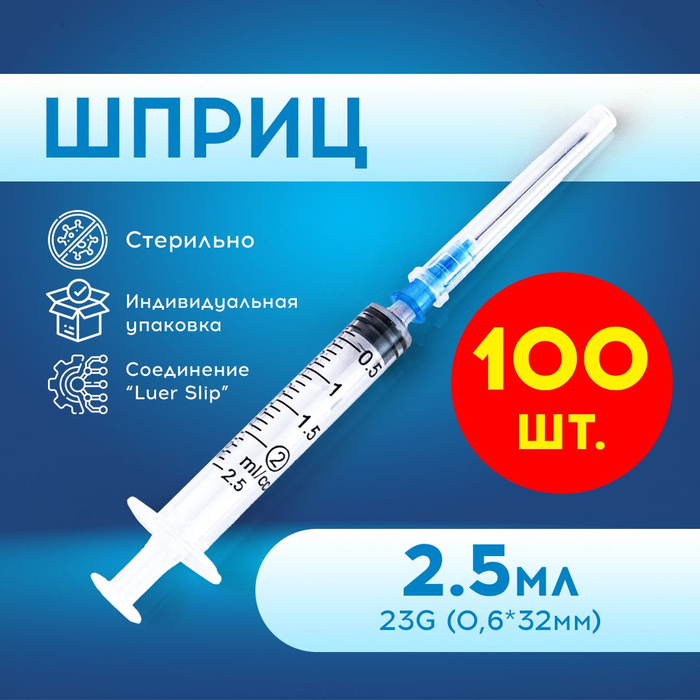 Шприц 2,5 мл одноразовый 23G трехкомпонентный 100 шт. - купить с ...