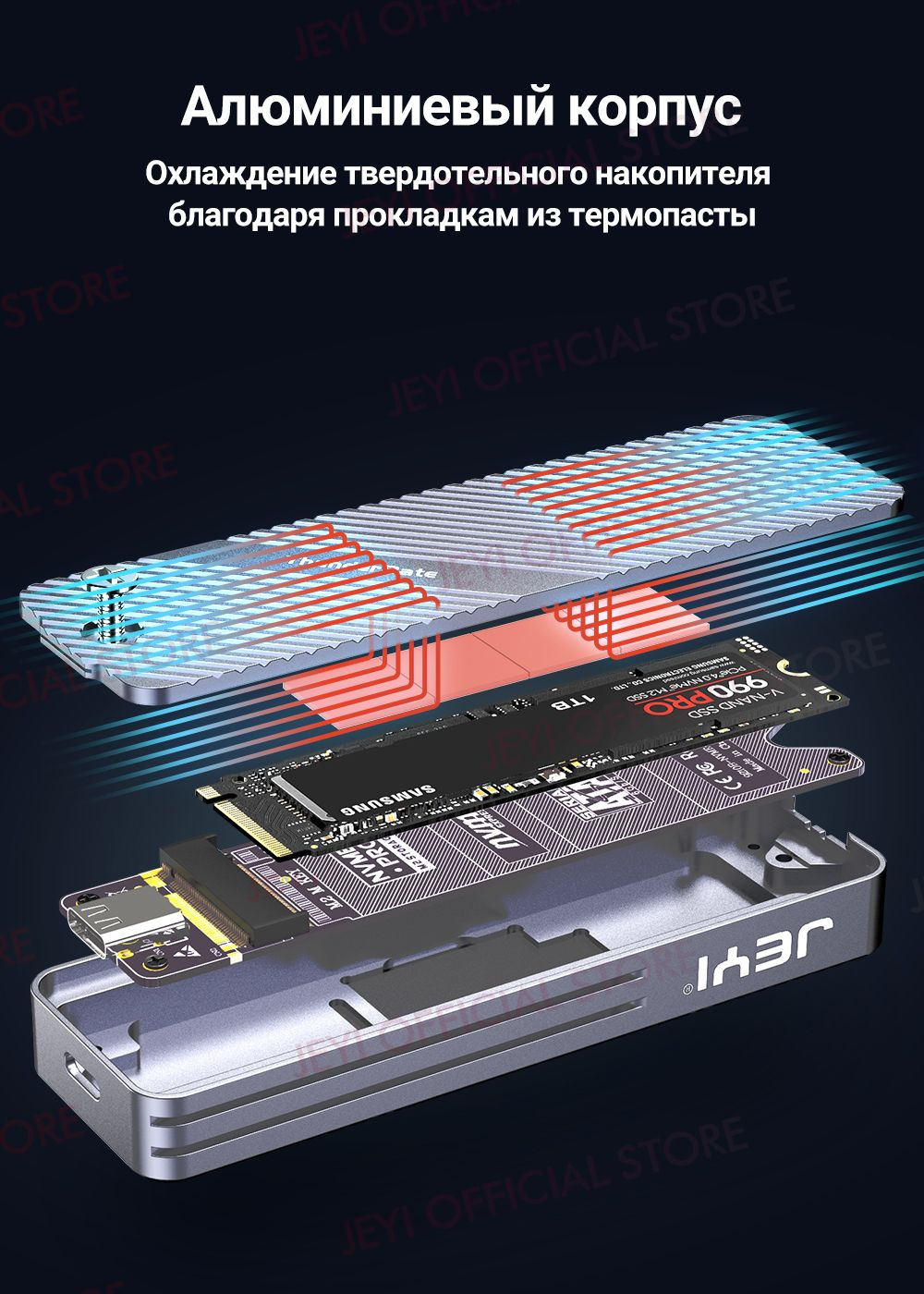 JEYI Visual Smart M.2 NVMe NGFF SSD Enclosure, поддерживает защиту от ...