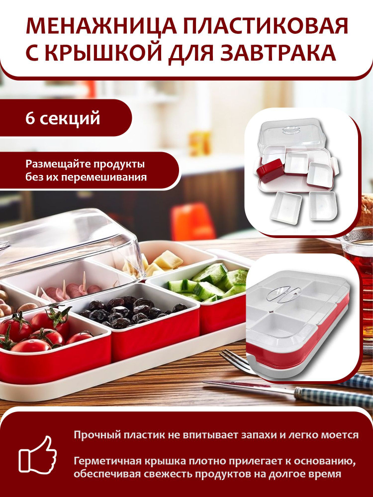 Менажница пластиковая с прозрачной крышкой, 6 секций, красная, 36х22х6 ...