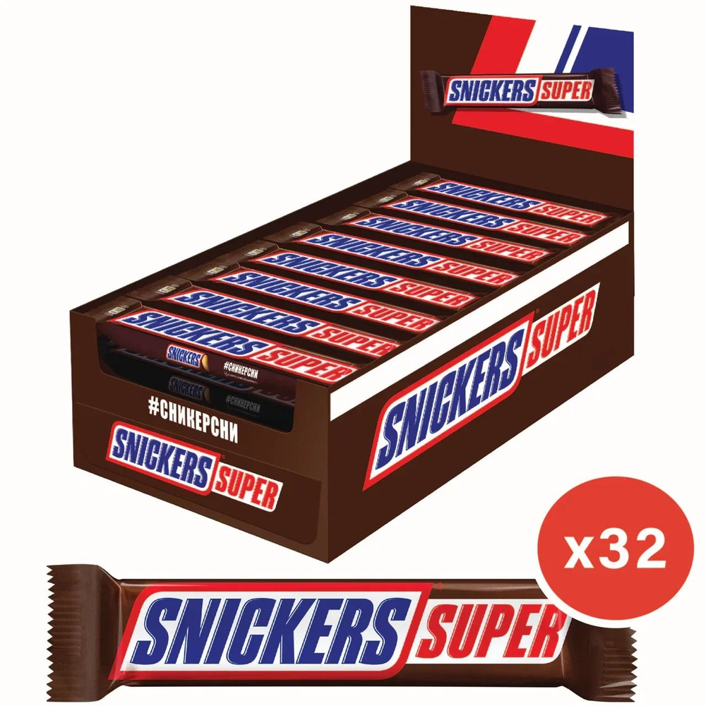 Шоколадный батончик Snickers Super, 32 шт по 80 г / Нуга, карамель ...