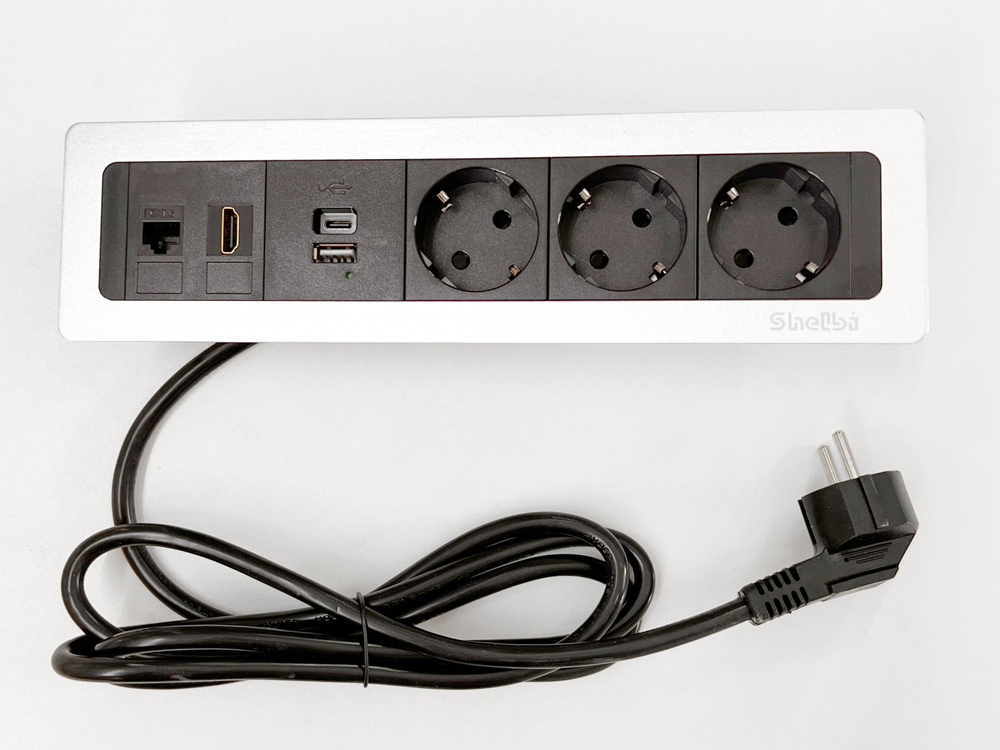 Настольный встраиваемый блок на 3 розетки, USB, Type-C, RJ45, HDMI ...