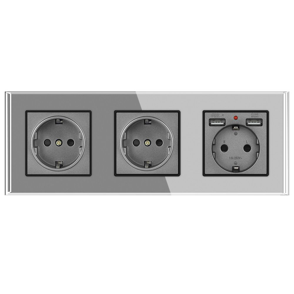 Розетка тройная 3 поста с 2 USB-портами, 16А 250В, со шторками, рамка ...