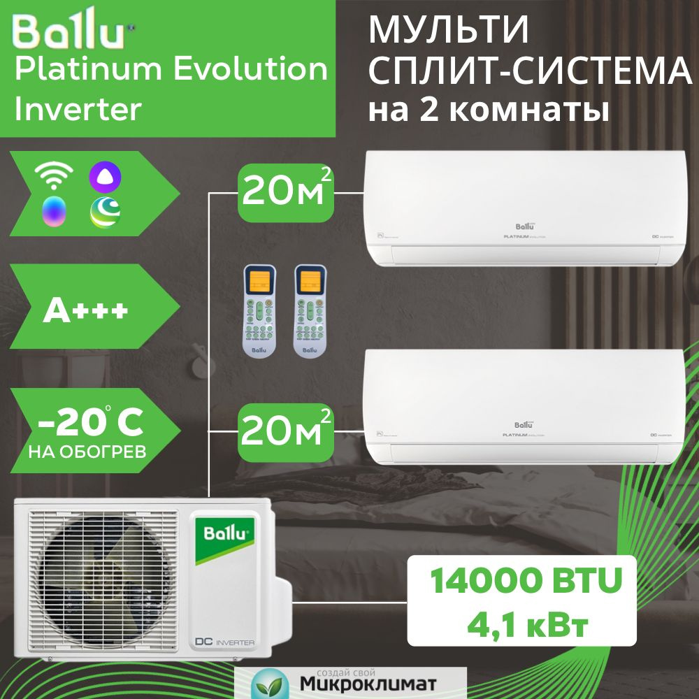 Инверторная мульти сплит-система с Wi-Fi BALLU на 2 комнаты 20м2+20м2 ...