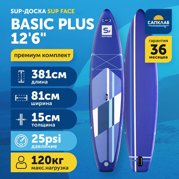 Сапборд SUP face Basic PLUS 12.6 туринговый двухслойный спортивный (381x81x15 см) / доска для ...