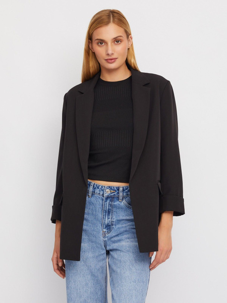 Пиджак Женский Zolla черный, размер 50 Полиэстер, Эластан Три четверти Повседневный, рост 164 ...