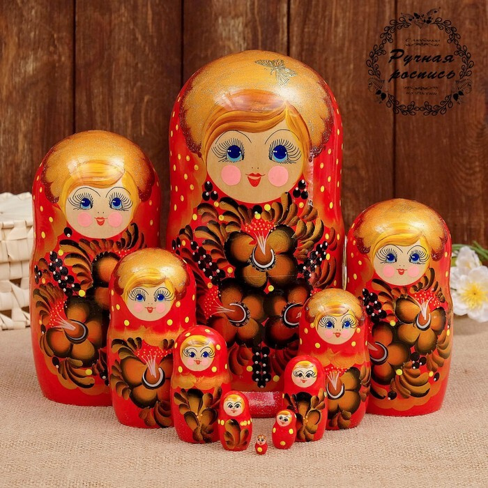 Матрешка "Золотые цветы", красное платье, 10 кукол, 26 см (3805850 ...