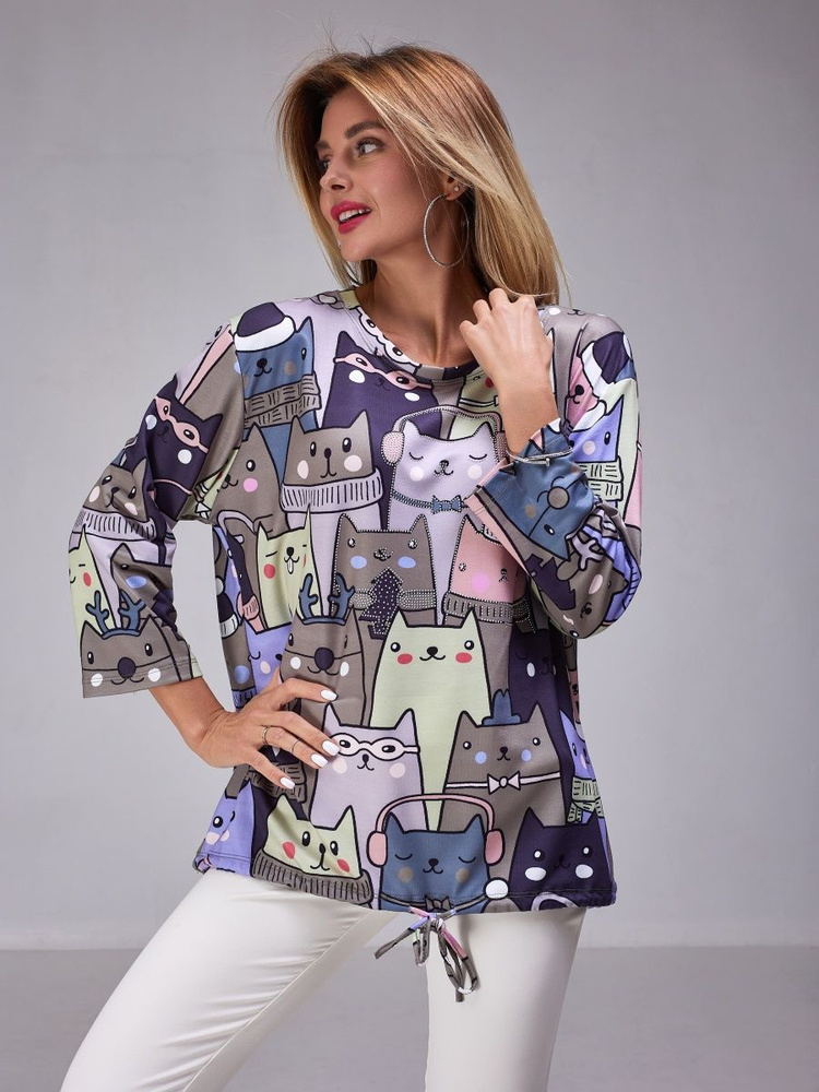 Джемпер ARTT Store Котики, женский, из хлопка, хлопковый, свободный, из ...