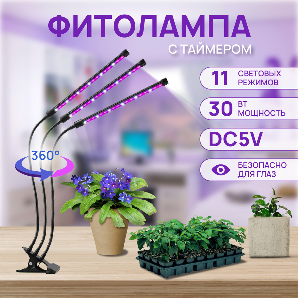 Фитолампа для растений полный спектр на прищепке 3 фитосветильника