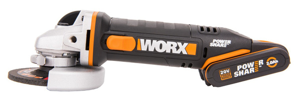Угловая шлифмашина аккумуляторная WORX WX800, 115 мм, 20 В, АКБ x 2 2,0 А*ч, ЗУ 2,0 A, кейс ...
