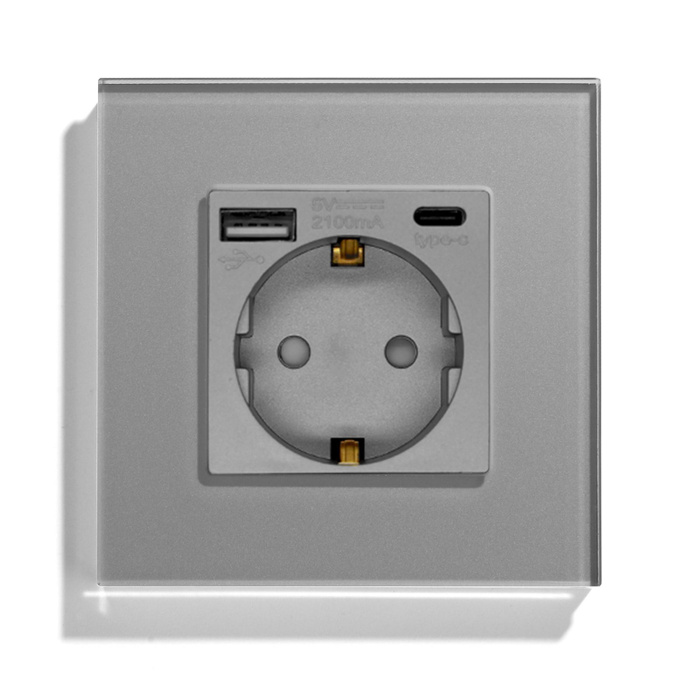 Розетка электрическая с Usb Type C Ac 1 пост 16А рамка 86х86 стекло цвет серый купить по