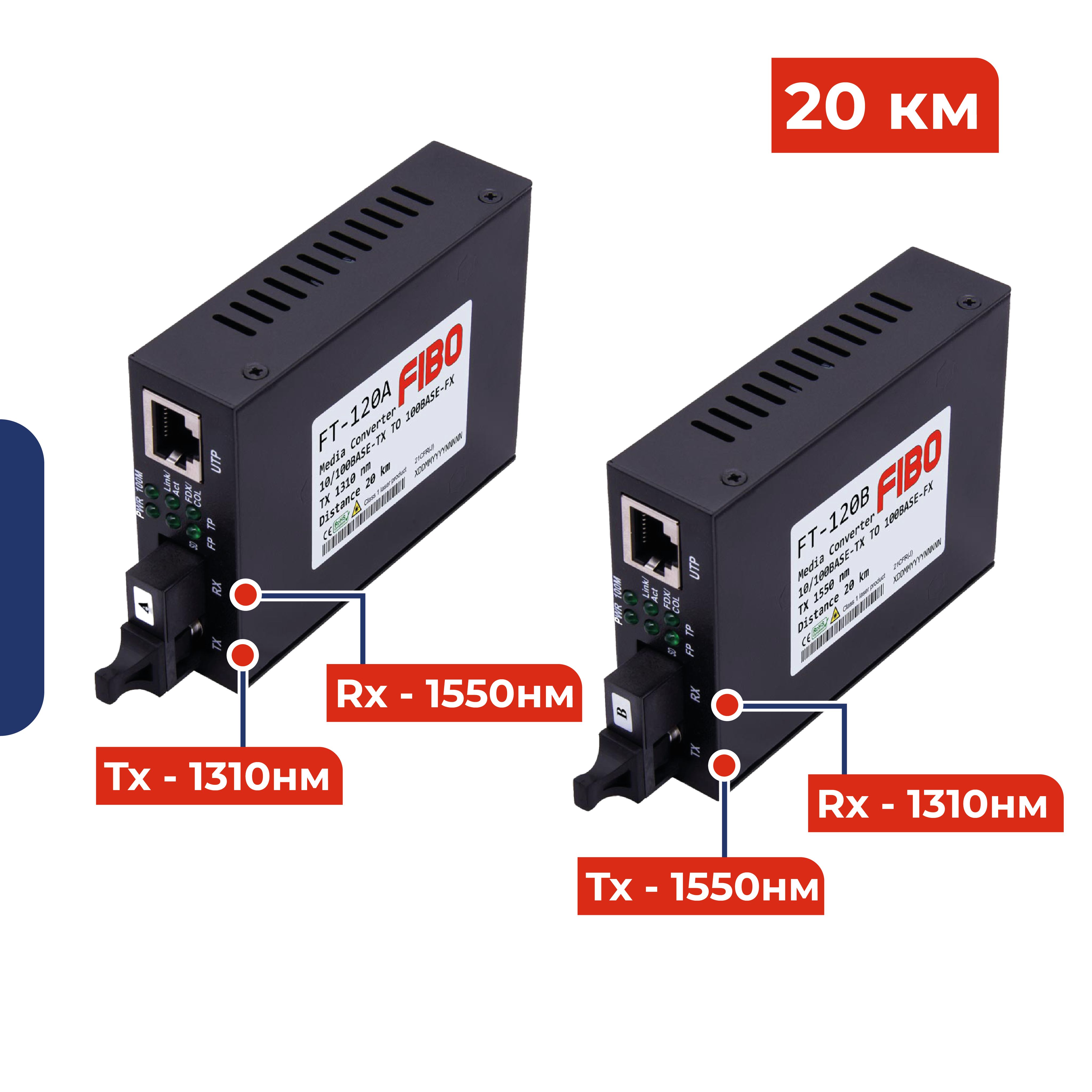 Комплект медиаконвертеров FIBO FT-120A (1310/1550нм) и FT-120B (1550 ...