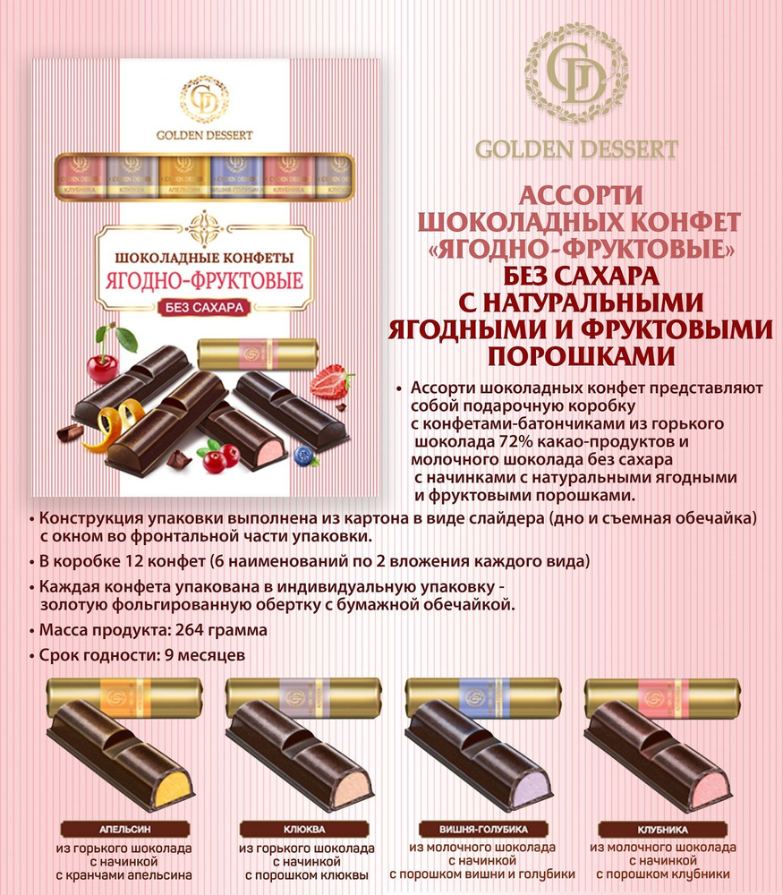 Шоколадные конфеты без сахара GOLDEN DESSERT Ассорти "ЯГОДНО-ФРУКТОВОЕ ...
