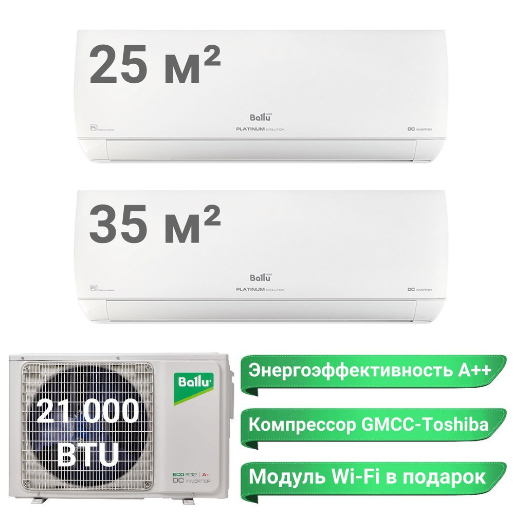 Инверторная мульти сплит-система BALLU на 2 комнаты (25 м2 + 35 м2), 21 ...