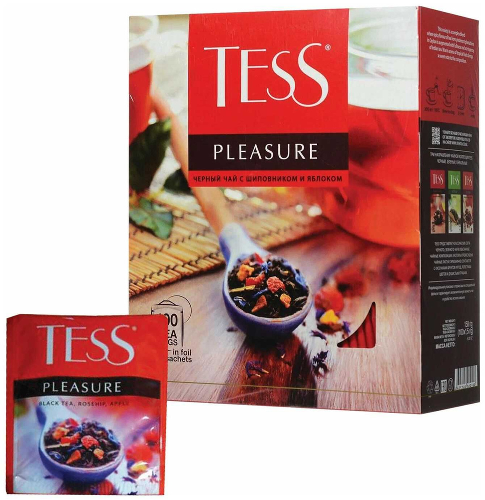 Чай в пакетиках черный Tess Pleasure с шиповником и яблоком 100 шт