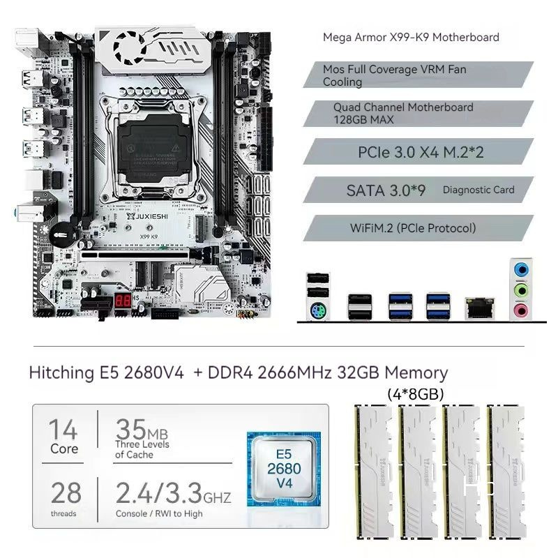 Материнская плата JUXIESHI Материнская плата Giant Mechanic X99 K9 + процессор Xeon E5 2680 V4 с ...