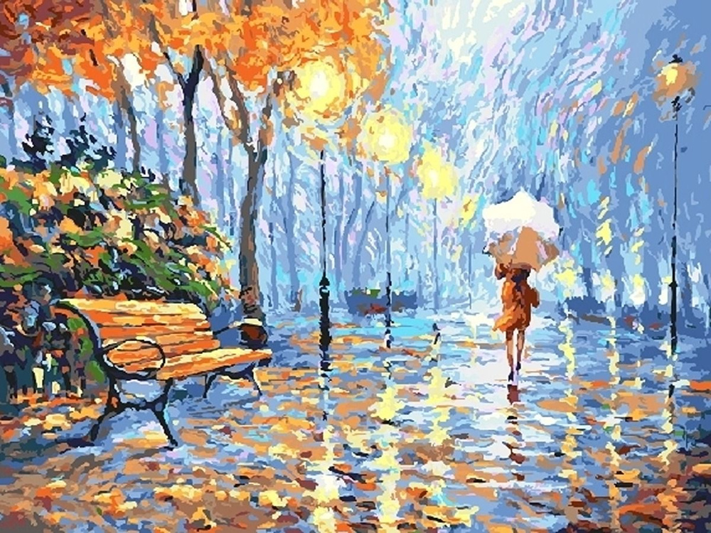 Картина по номерам 40*50 см на холсте "Девушка в парке под дождем ...