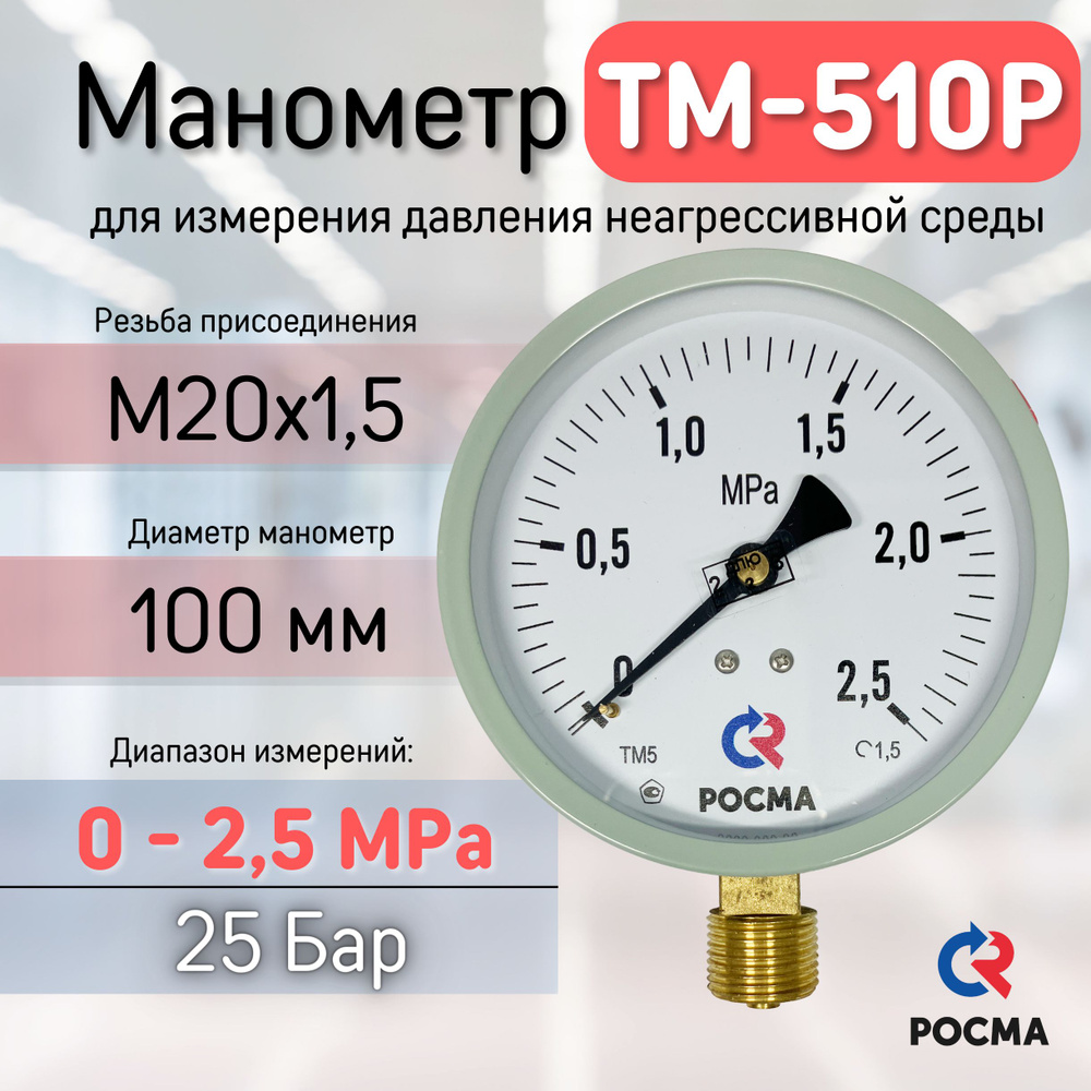 Манометр ТМ-510Р.00 до 25 Бар (0 - 2,5 МПа), М 20х1,5 диаметр 100 мм ...