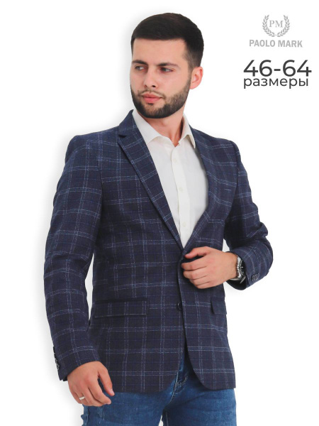 Пиджак Мужской PAOLO MARK синий, коричневый, размер 60 Полиамид, Шерсть Карманы полуприталенный ...