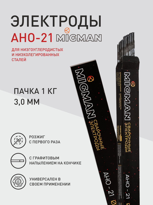Электроды сварочные MIGMAN АНО-21 д. 3,0мм (упаковка 1 кг) - купить с ...