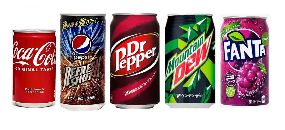 Набор напитков Pepsi-Cola, Coca-Cola, Fanta Grape, Mountain Dew, Dr ...