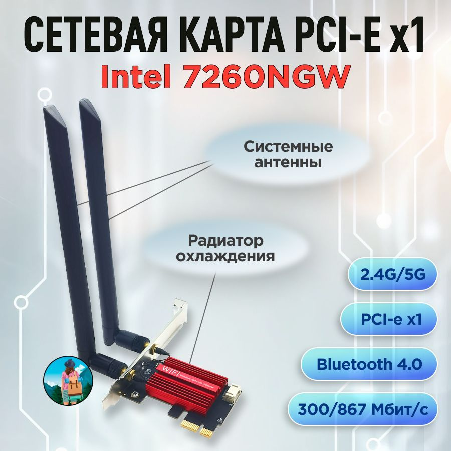 WIFI карта Intel 7260NGW, PCI-E x1, двухдиапазонная 2.4G и 5G, до 867 ...