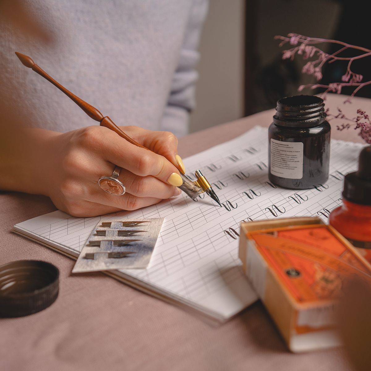 Косой держатель для пера и каллиграфии, дерево эпоксидка, черный ...