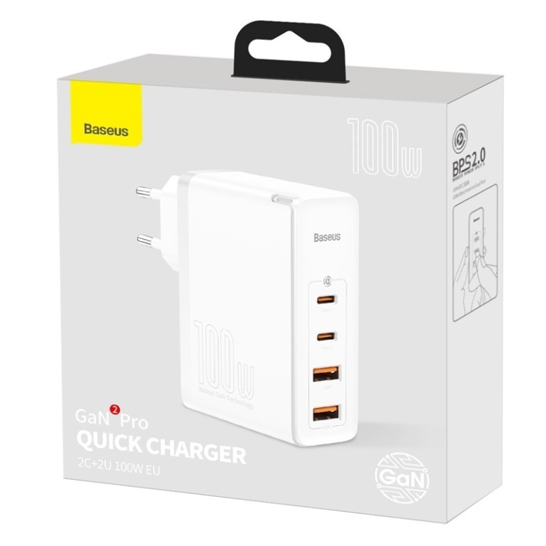 Сетевое зарядное устройство Baseus GaN2 Pro 2*USB+2*USB-C, 3A, 100W, белый, 100 Вт, Quick Charge ...