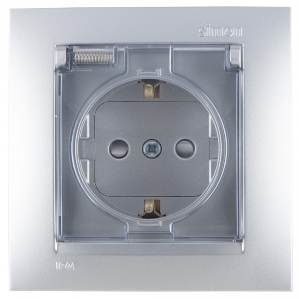 Simon 15 Алюминий Розетка с заземлением, со шторками, с крышкой, IP44 ...