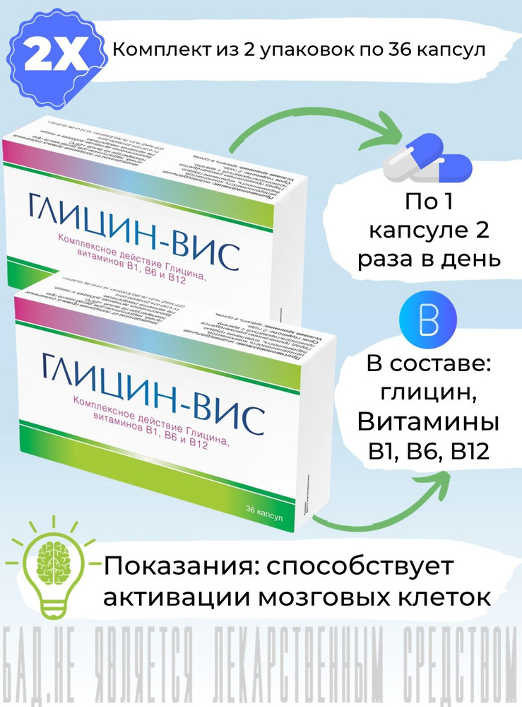 Глицин - ВИС для мозга, с комплексом витаминов В1, В6, В12, компоненты ...