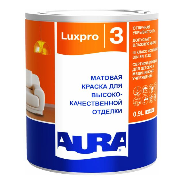 Краска в/д AURA Luxpro 3 база А для стен и потолков 0,9л белая, арт.4607003915049 (kraska ...
