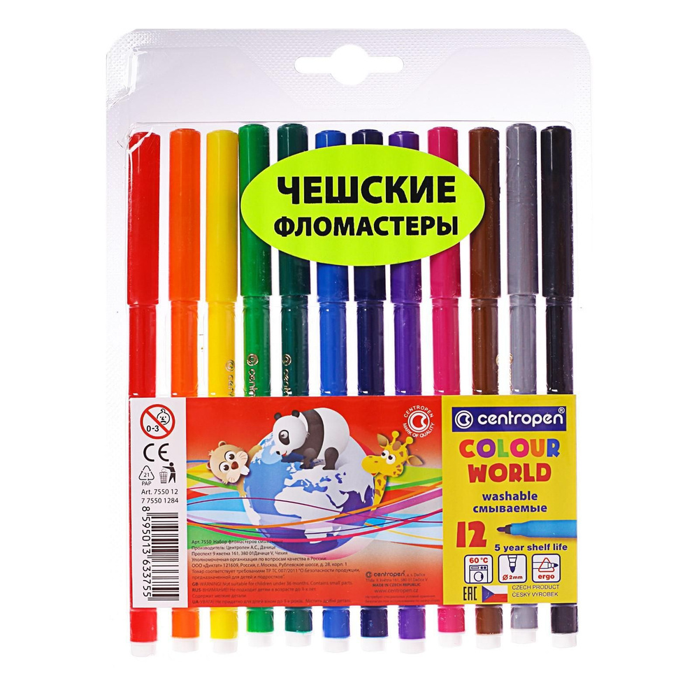 Фломастеры 12 цветов Centropen Colour World 7550 ТП, в блистере, линия ...