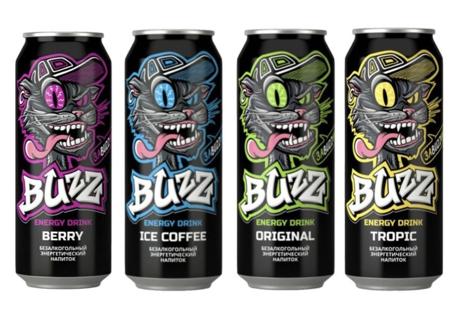 Набор из 4 банок напитков энергетических Buzz по 450 мл (Berry, Ice ...