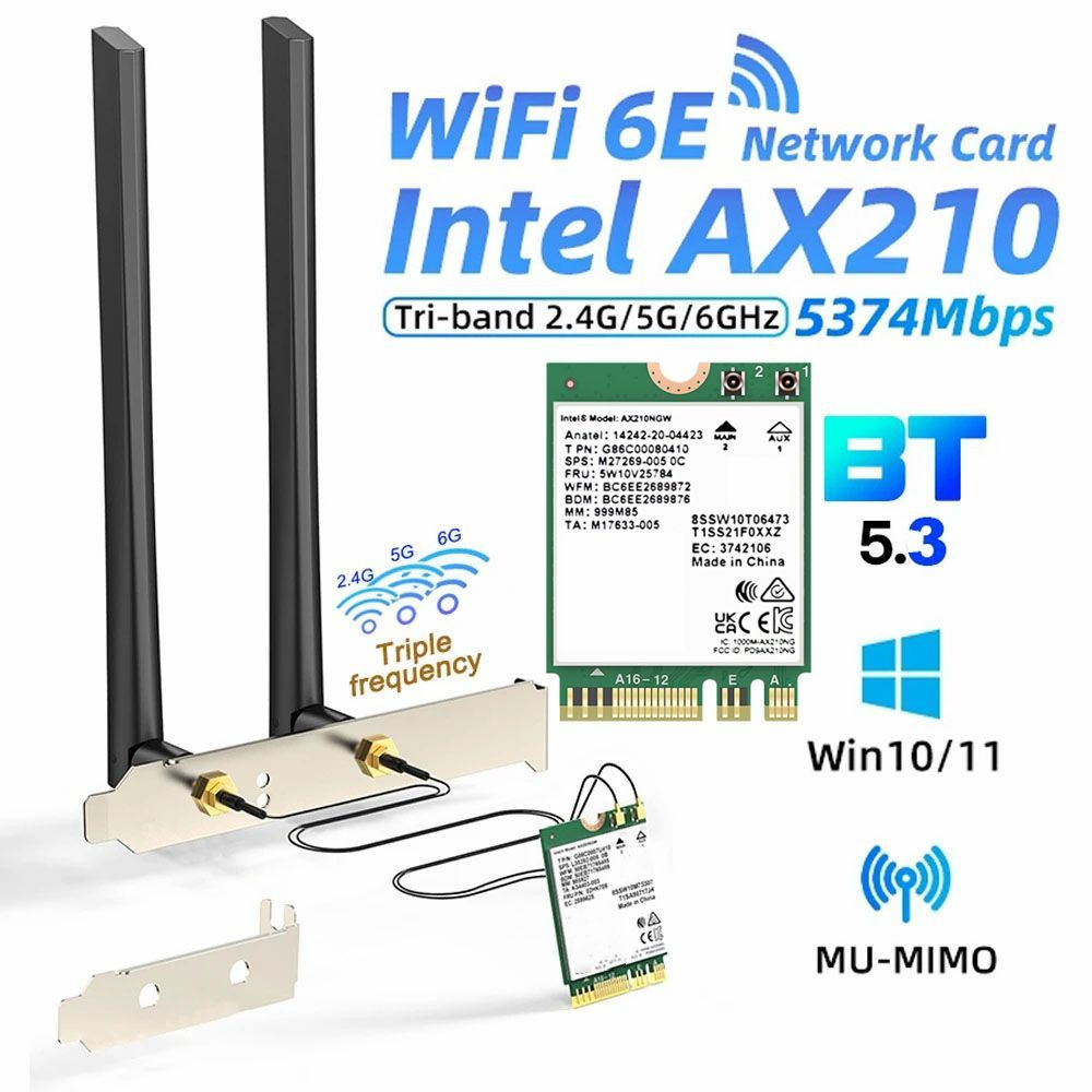 Беспроводной модем Intel AX210 WiFi 6E Адаптер 5374 Мбит/с Bluetooth 5.3 6DBi Антенна 802.11ax 2 ...