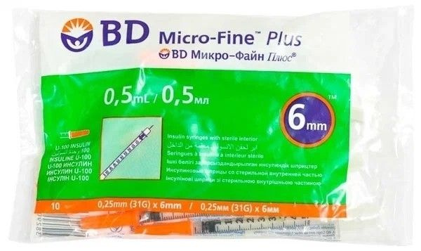 Инсулиновый шприц 0,5 мл 31G 0,25 x 6 мм с интегрированной иглой U100 BD Micro-Fine Plus Becton ...