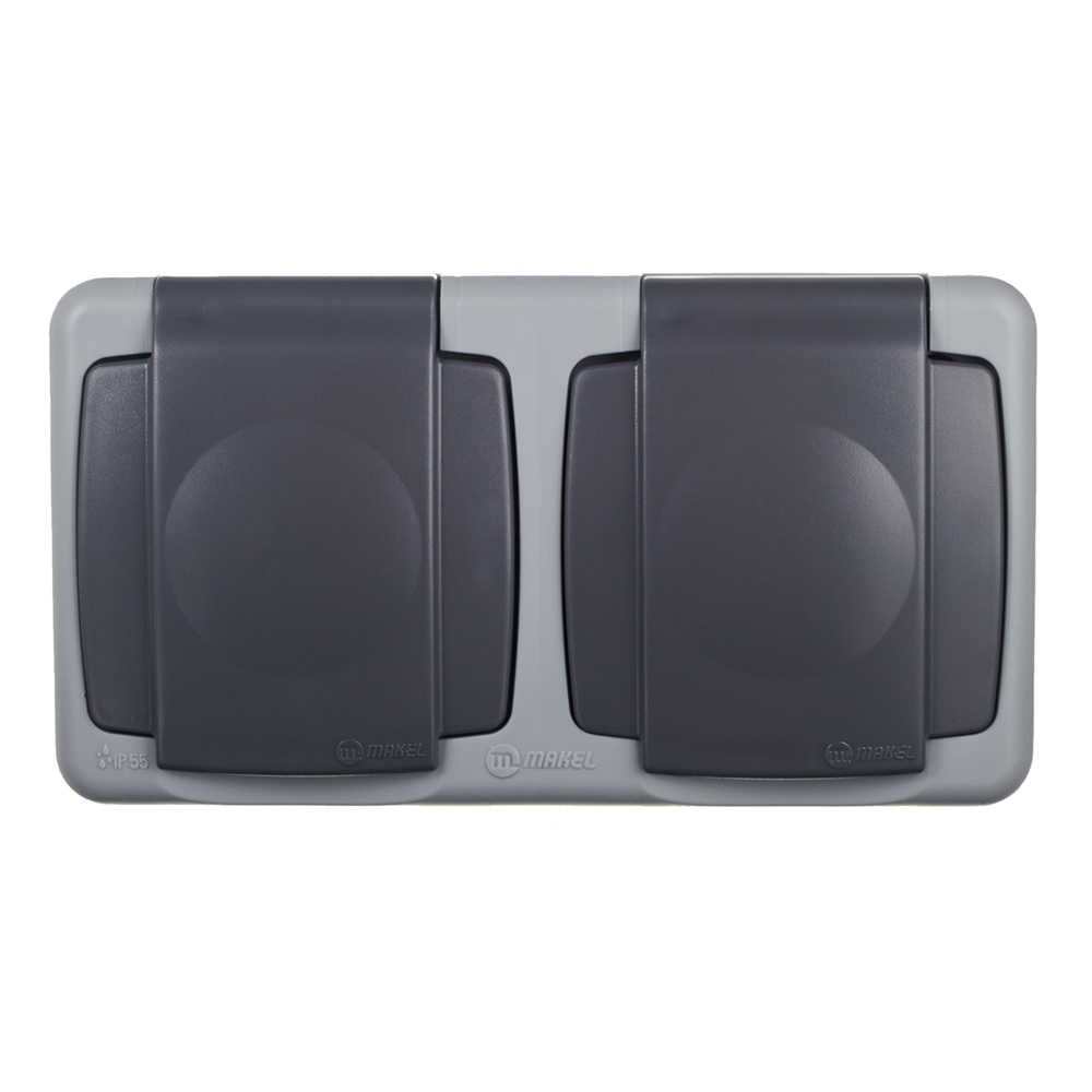 Розетка Makel 36064201 двойная открытая установка серая с заземлением IP55 блок с крышкой ...