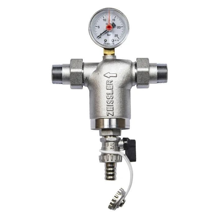 Фильтр промывной 1/2" никелированный с манометром, американками и ...