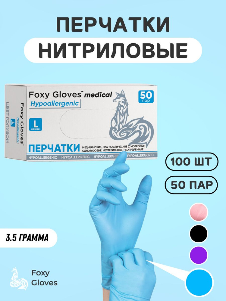 Перчатки медицинские нитриловые Foxy Gloves одноразовые голубые-100 шт ...