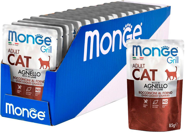 Консервы MONGE GRILL POUCH ADULT CAT для взрослых кошек с ягненком (85 ...